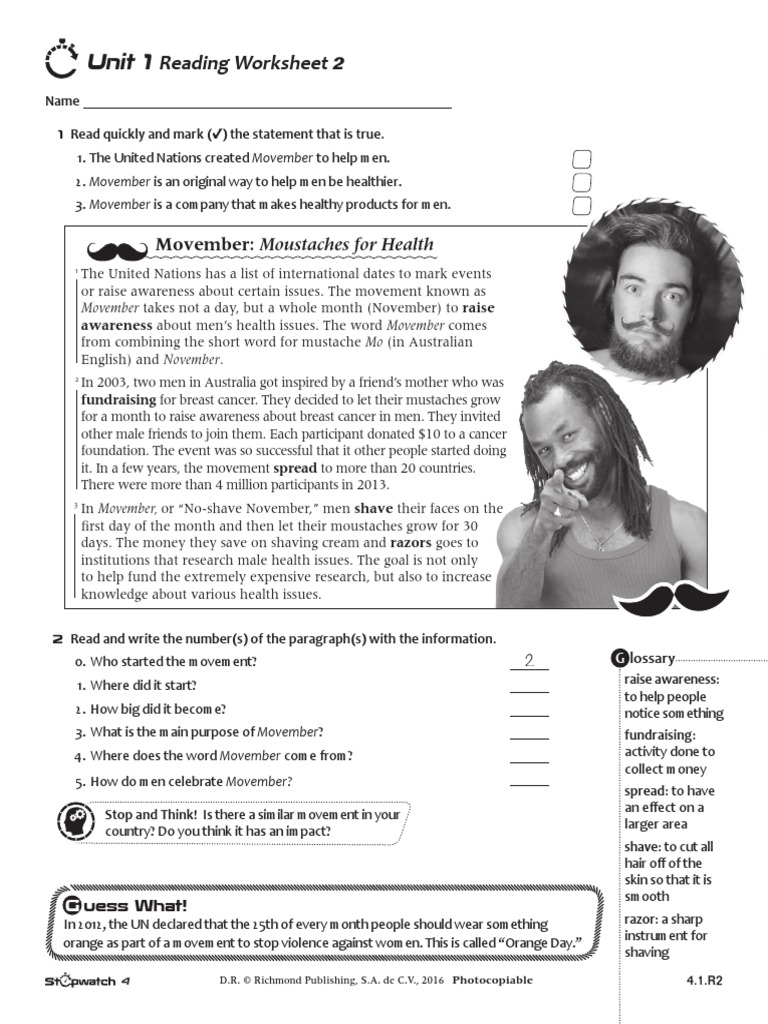 Stopwatch 4 Unit 1 Reading 2 (4.1.R2) | PDF | Human Hair | Facial Hair