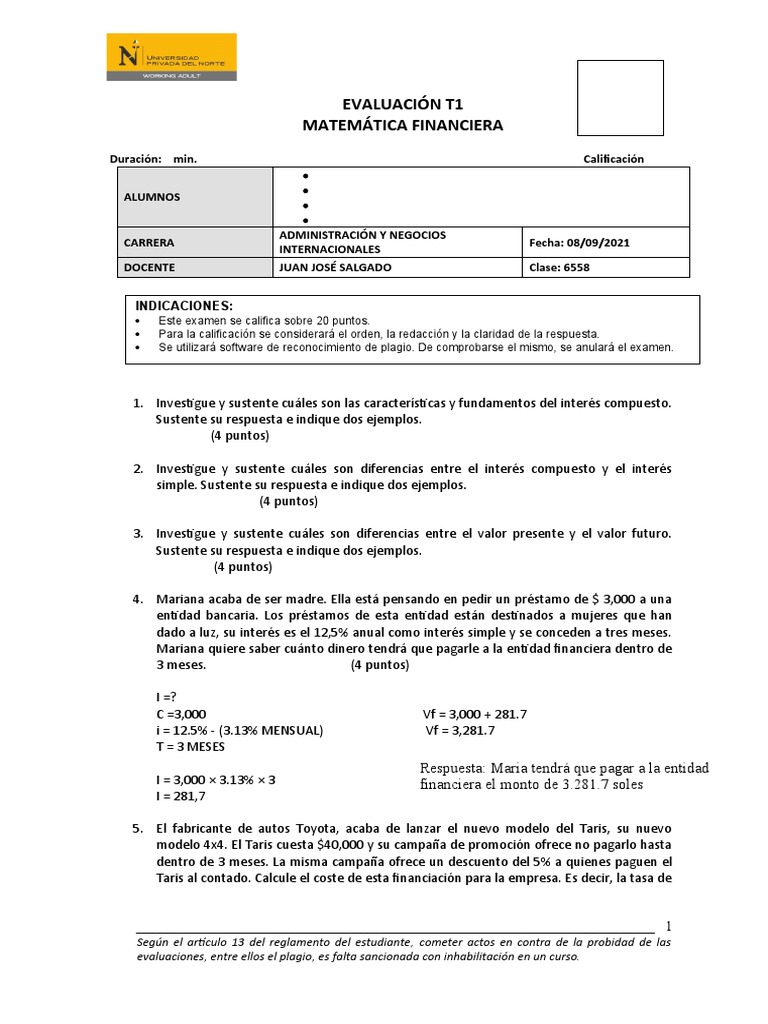 T1 Matemática Financiera | PDF | Economias | Dinero