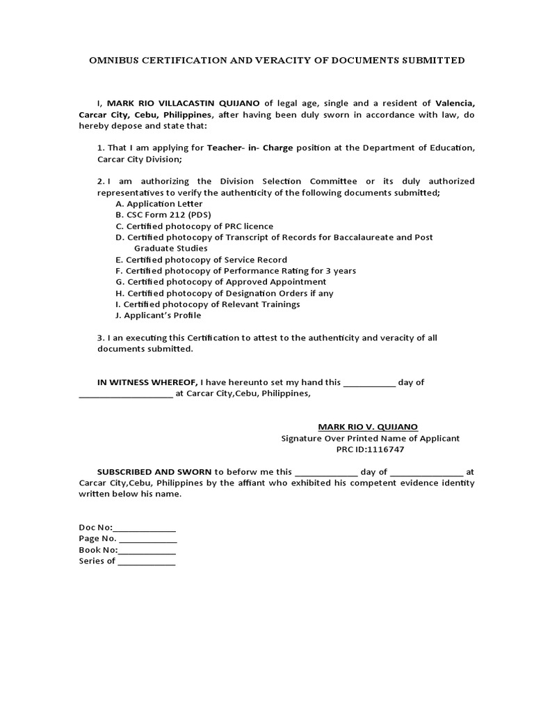 Omnibus Certification and Veracity of Documents Su | PDF
