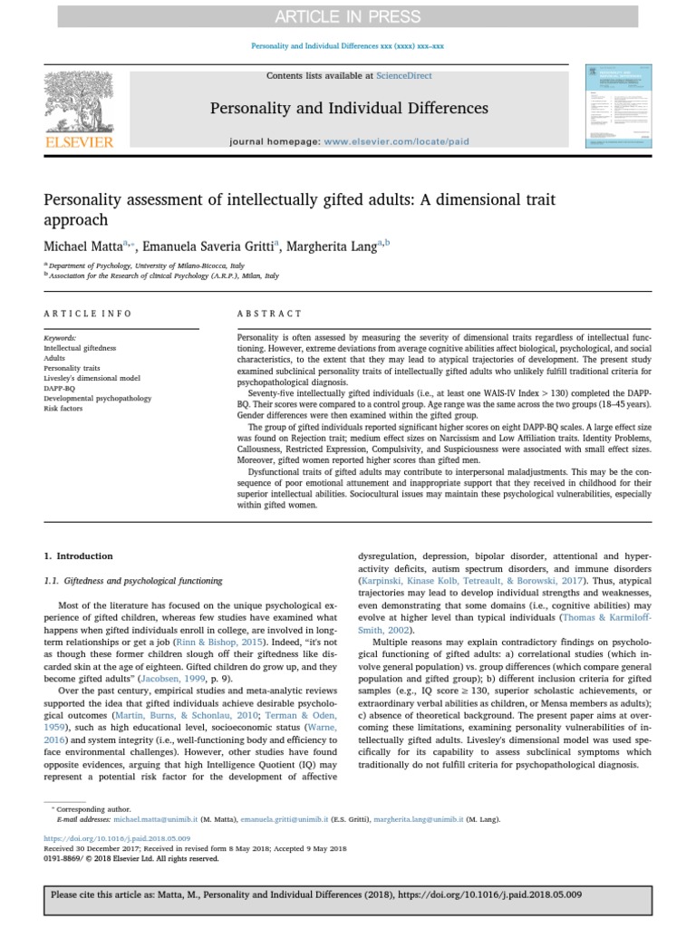 2018 Personality Assessment of Intellectually Gifted Adults A ...