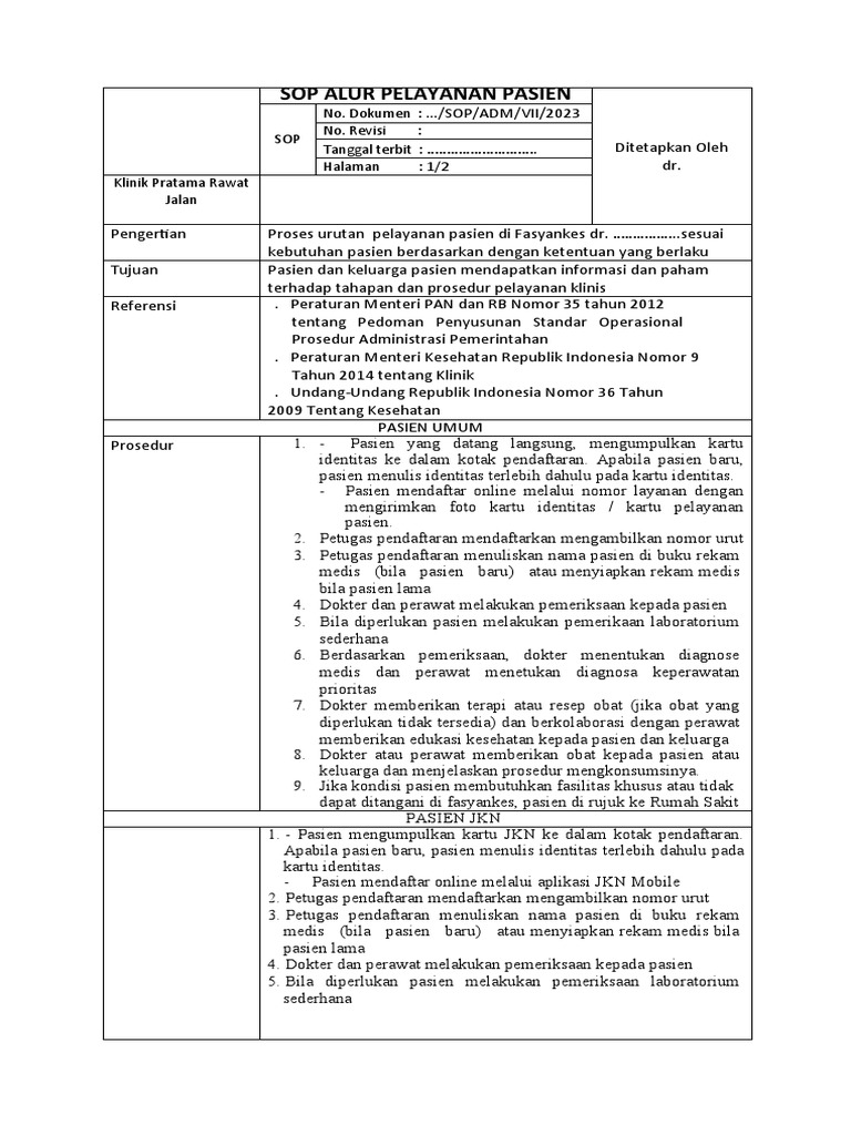 SOP ALUR PELAYANAN PASIEN draft | PDF