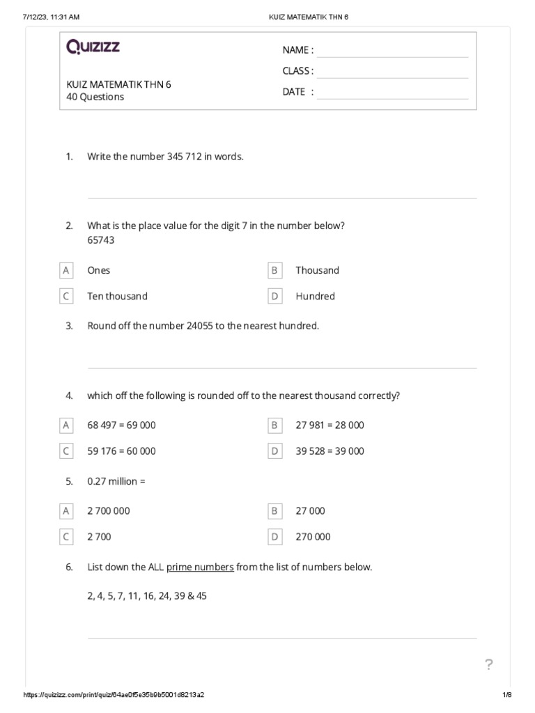 Kuiz Matematik THN 6 | PDF | Arithmetic | Mathematics