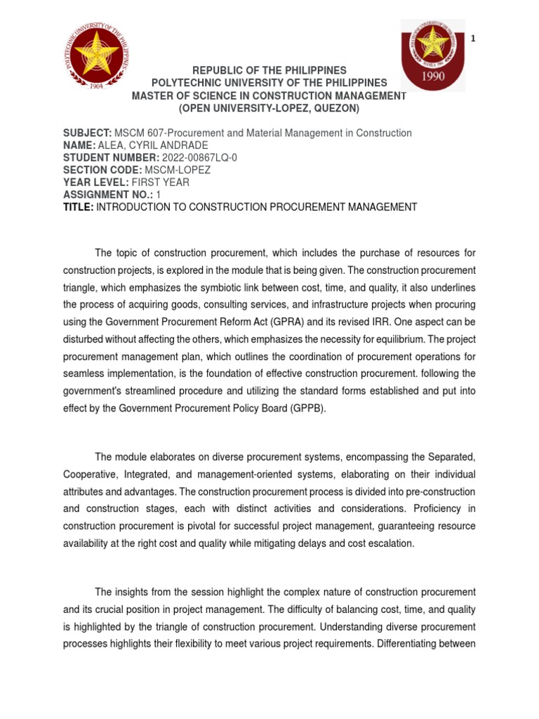 MSCM 607-Assignment No. 1 | PDF | Procurement | Project Management