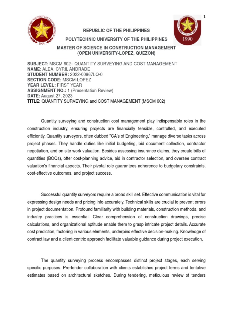 MSCM 602-Ass. No. 1 ALEA, Cyril A | PDF | Cost Accounting | Real Estate Appraisal