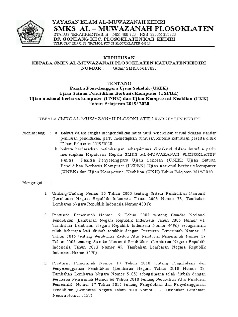SK Panitia Usbpk - Unbk - Ukk - SMK 2020 | PDF