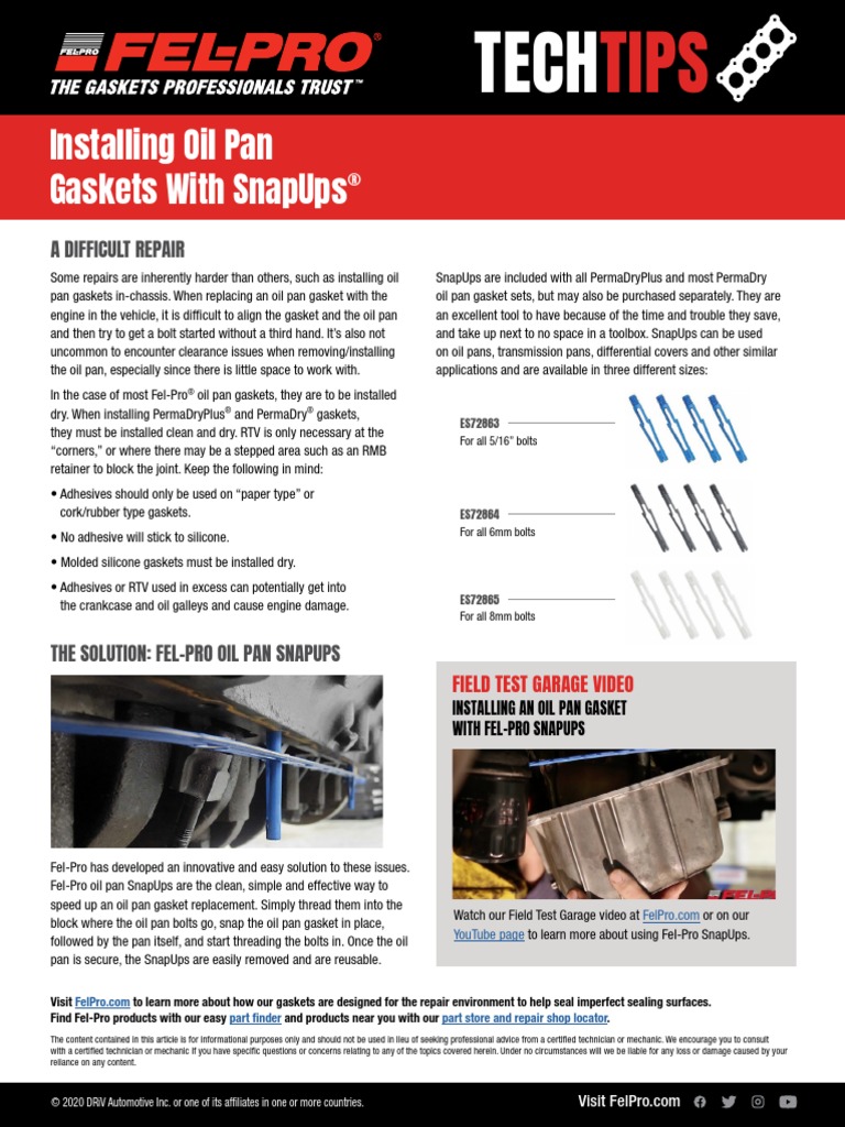 Fel-Pro TechTip - Installing Oil Pan Gaskets With SnapUps | PDF ...