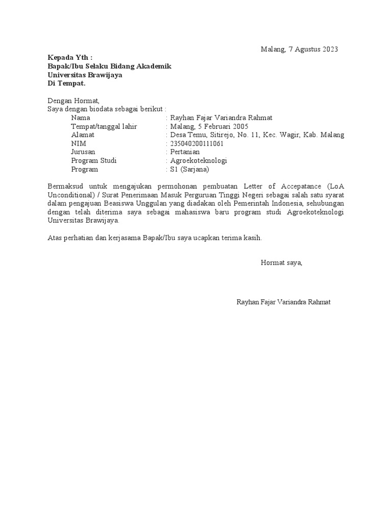 Permohonan Pembuatan Letter of Accepatance (LoA Unconditional) | PDF