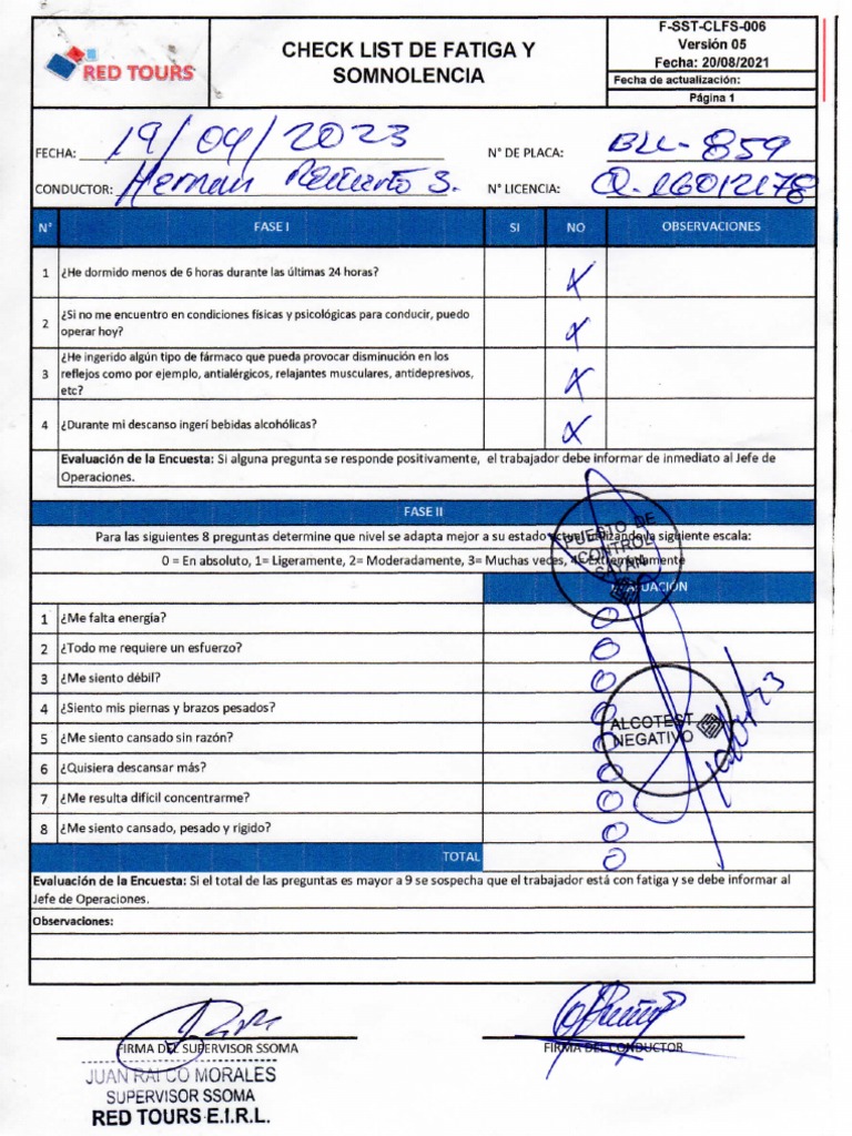 CHECK LIST DE FATIGA Y SOMNOLENCIA BLL-859 19-04-23 | PDF