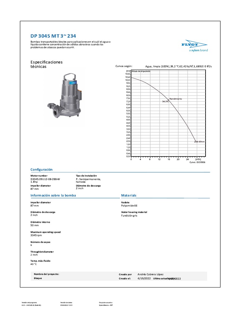 Flygt Performance - Data Sheet - DP 3045 MT 3 - 234 | PDF
