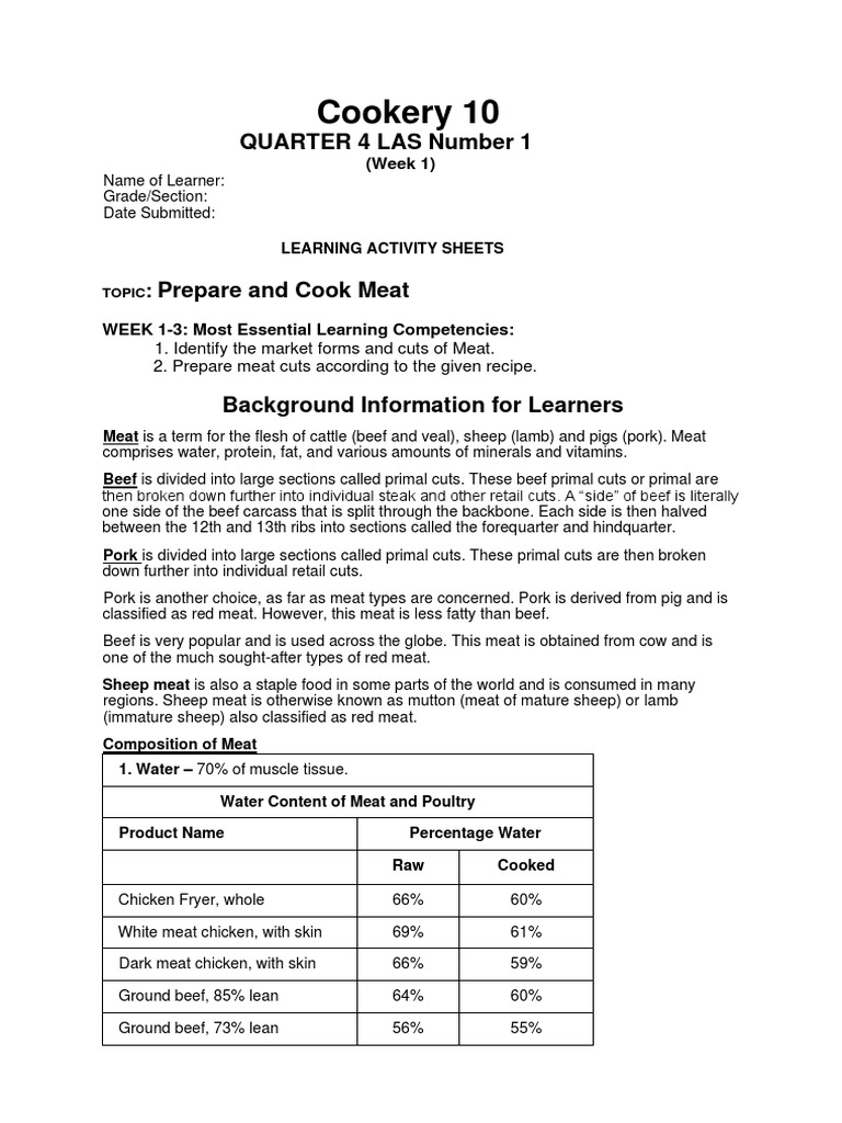 Cookery 10 Quarter 4 Las Number 1 Weeks 1 Pdf Beef Entrée