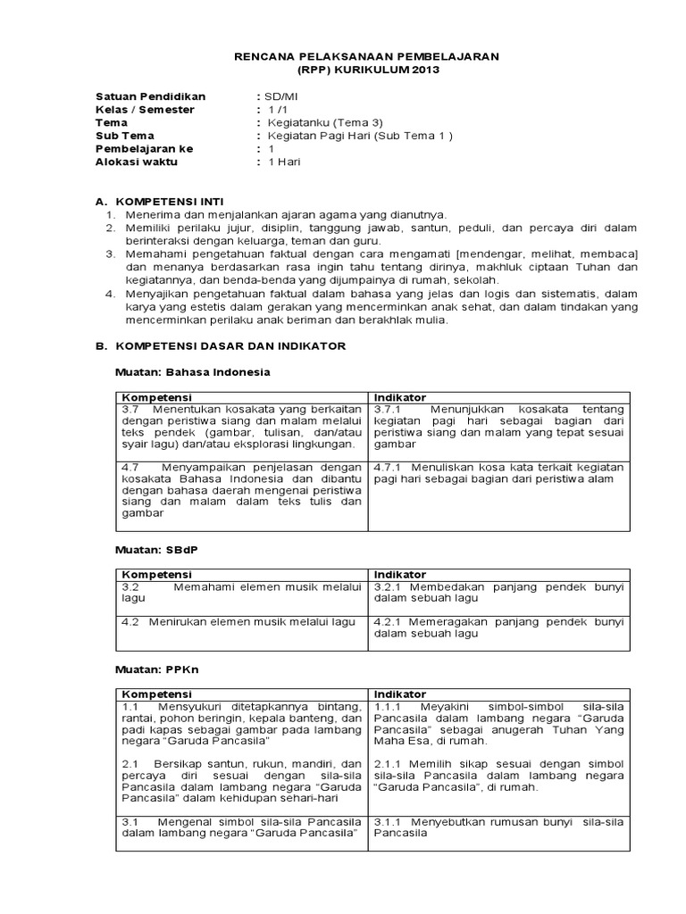 RPP TEMA 3 Kegiatanku | PDF