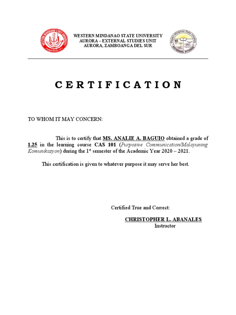 Certification of Grades | PDF