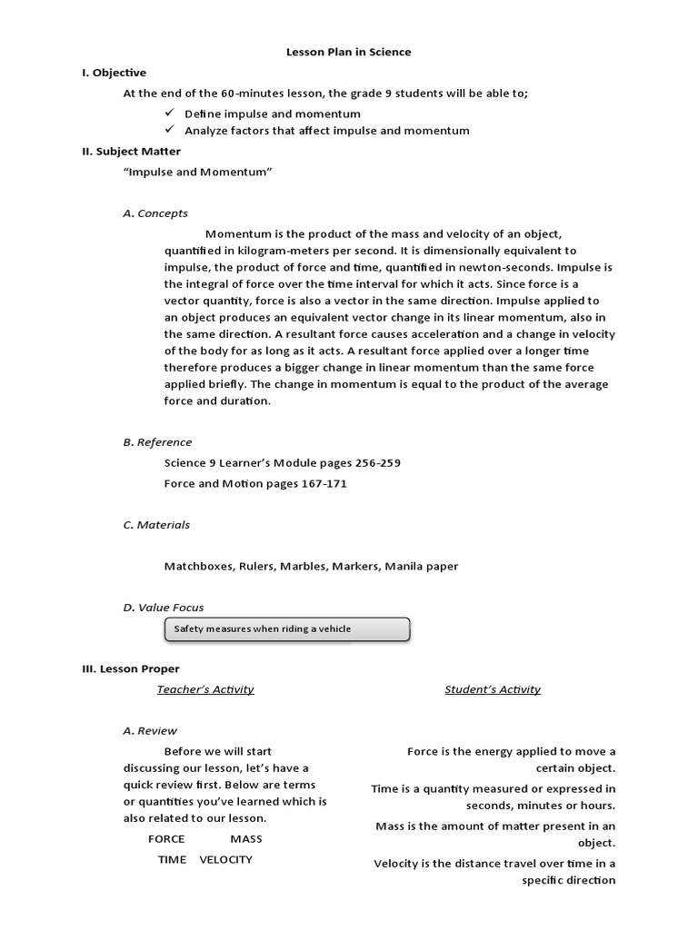 4a's Lesson Plan - Momentum | PDF | Force | Momentum