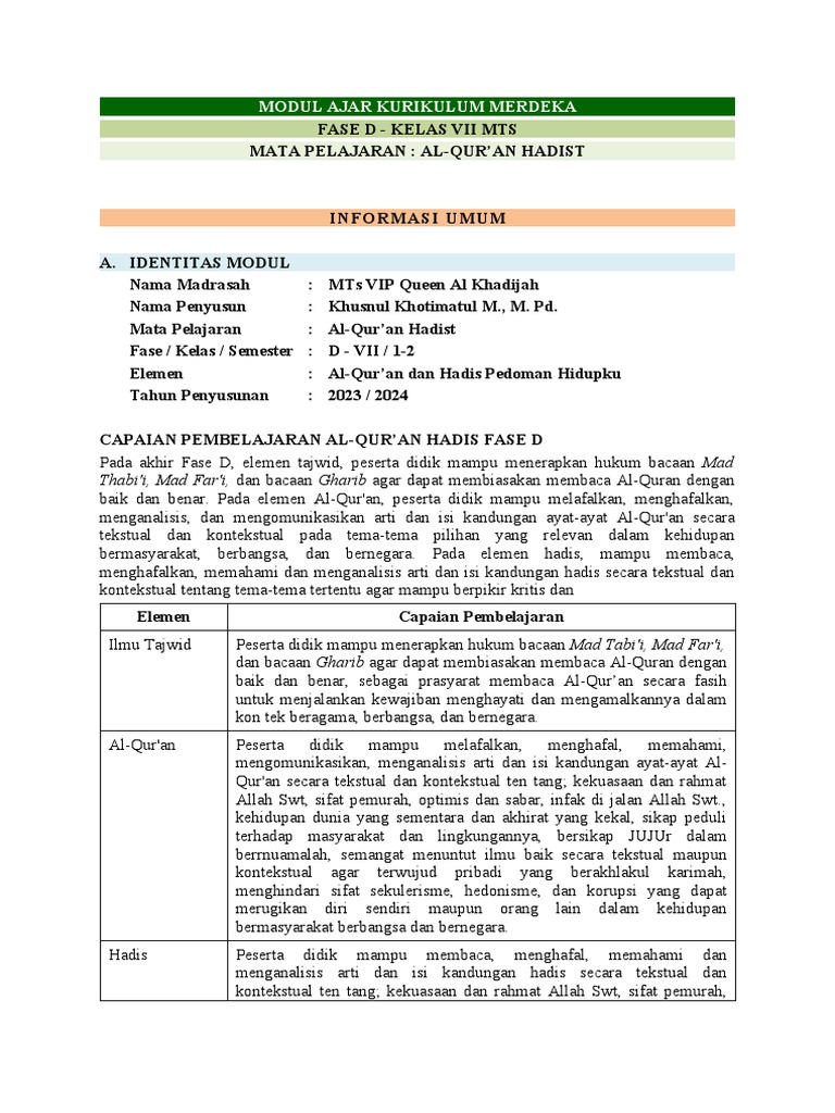 Modul Qurdis 7 Bab 1 - Al-Qur - An Dan Hadis Pedoman Hidupku | PDF | Agama & Spiritualitas
