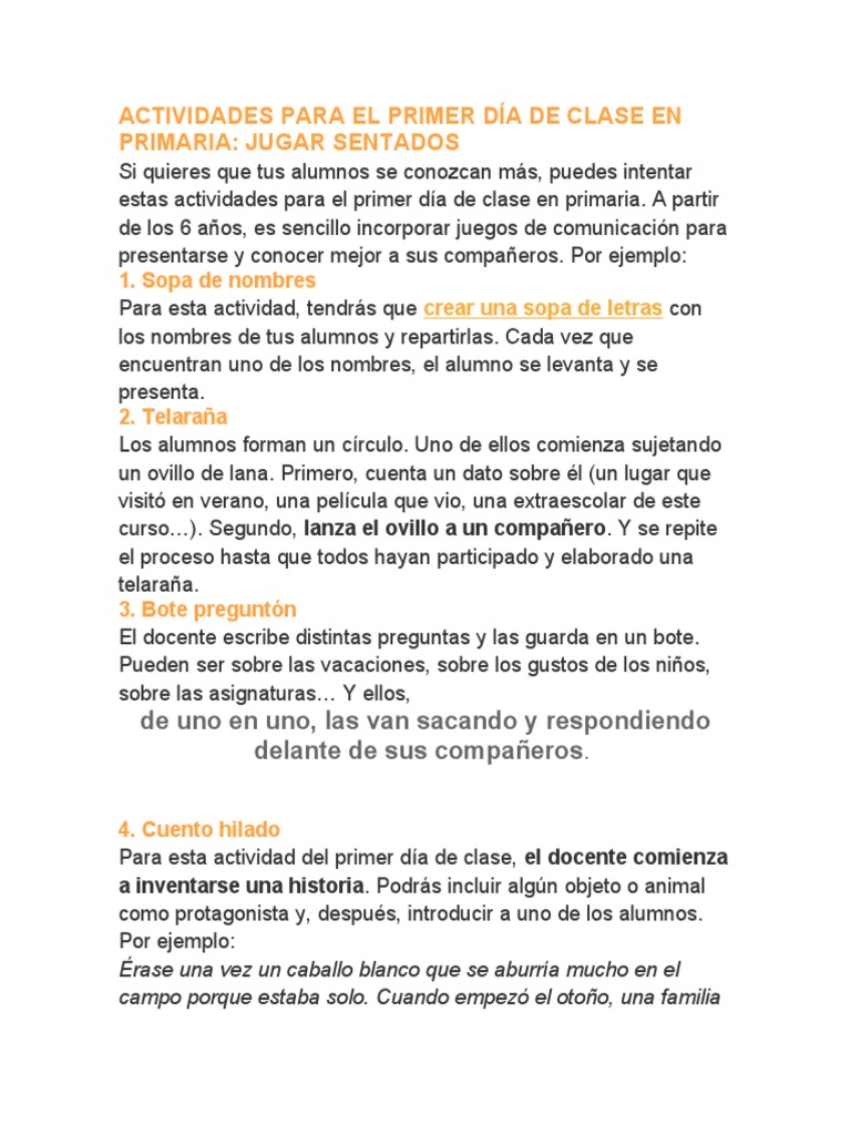 Actividades para El Primer Día de Clase en Primaria | PDF