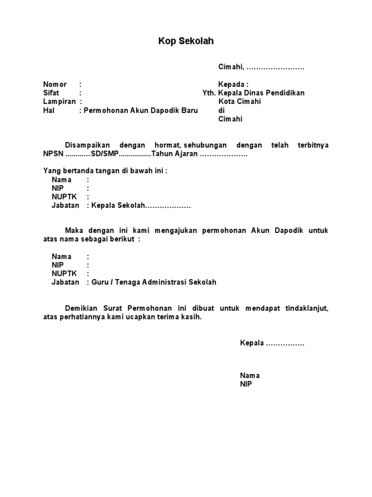 Contoh Surat Ajuan Akun Operator Baru Dapodik | PDF
