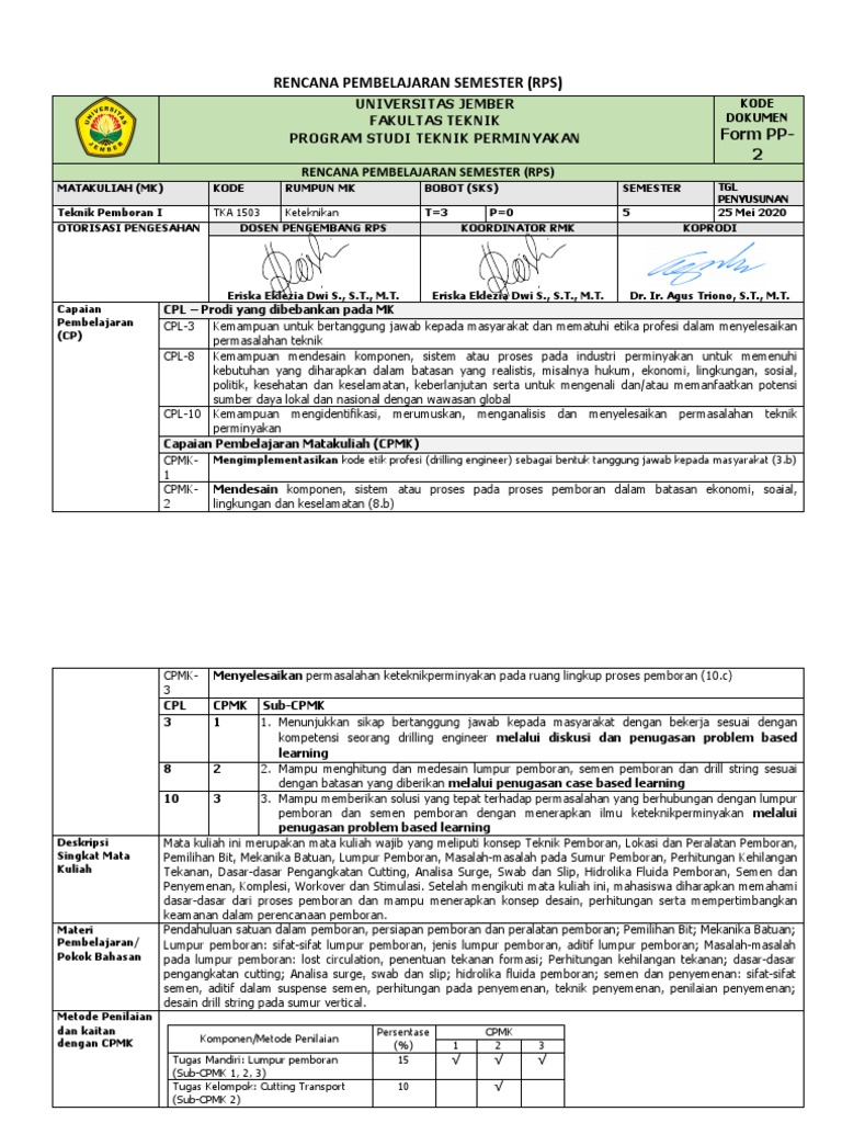 RPS Teknik Pemboran I Universitas Jember | PDF | Teknologi & Rekayasa