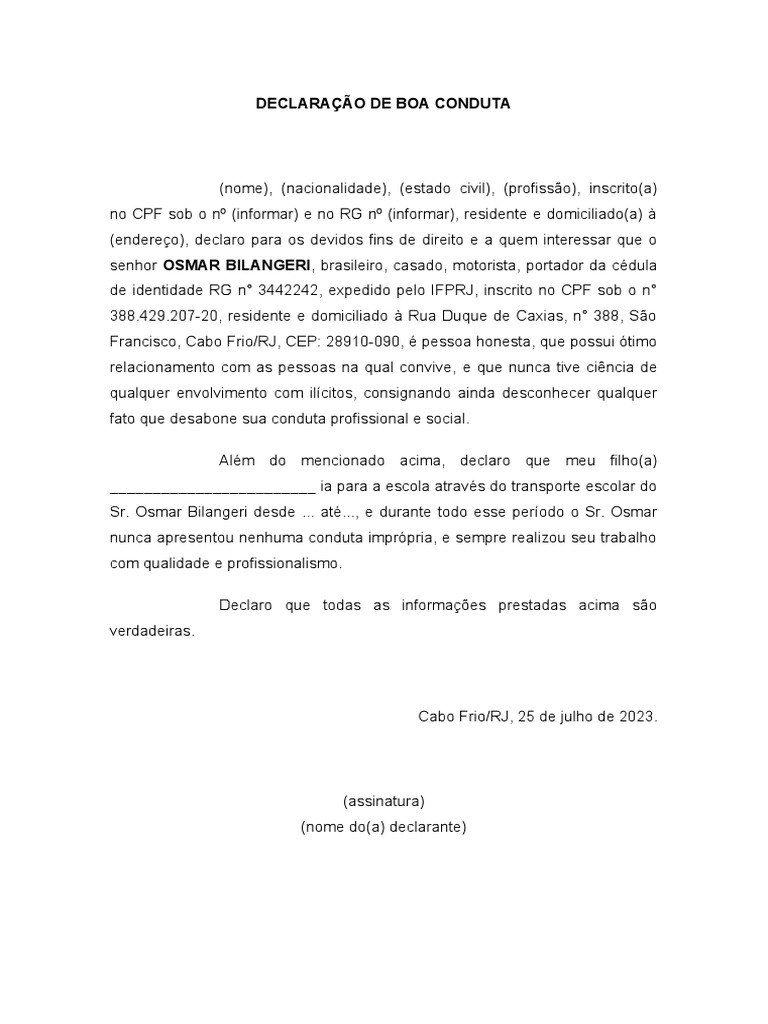 Declaração de Boa Conduta - Modelo | PDF