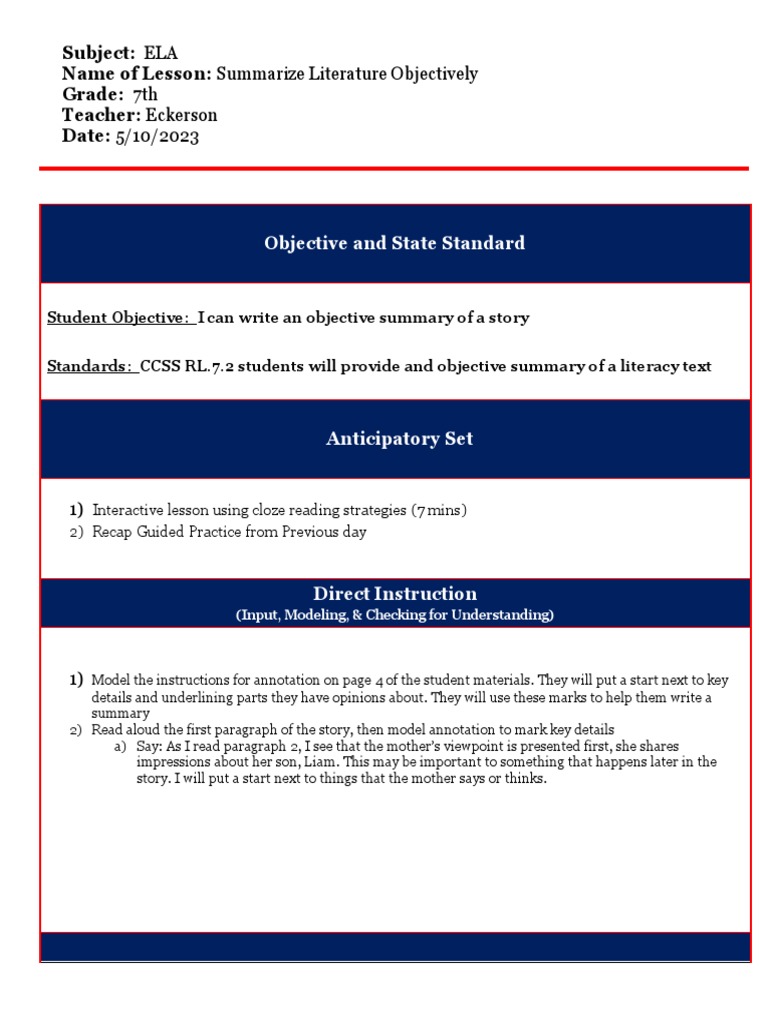 Objective Summary Lesson for 7th Grade ELA | PDF | Teaching | Communication