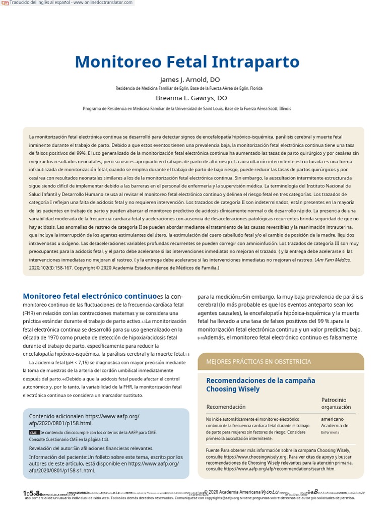 INTRAPARTUM FETAL MONITORING 2020.en - Es | PDF | Parto | Feto