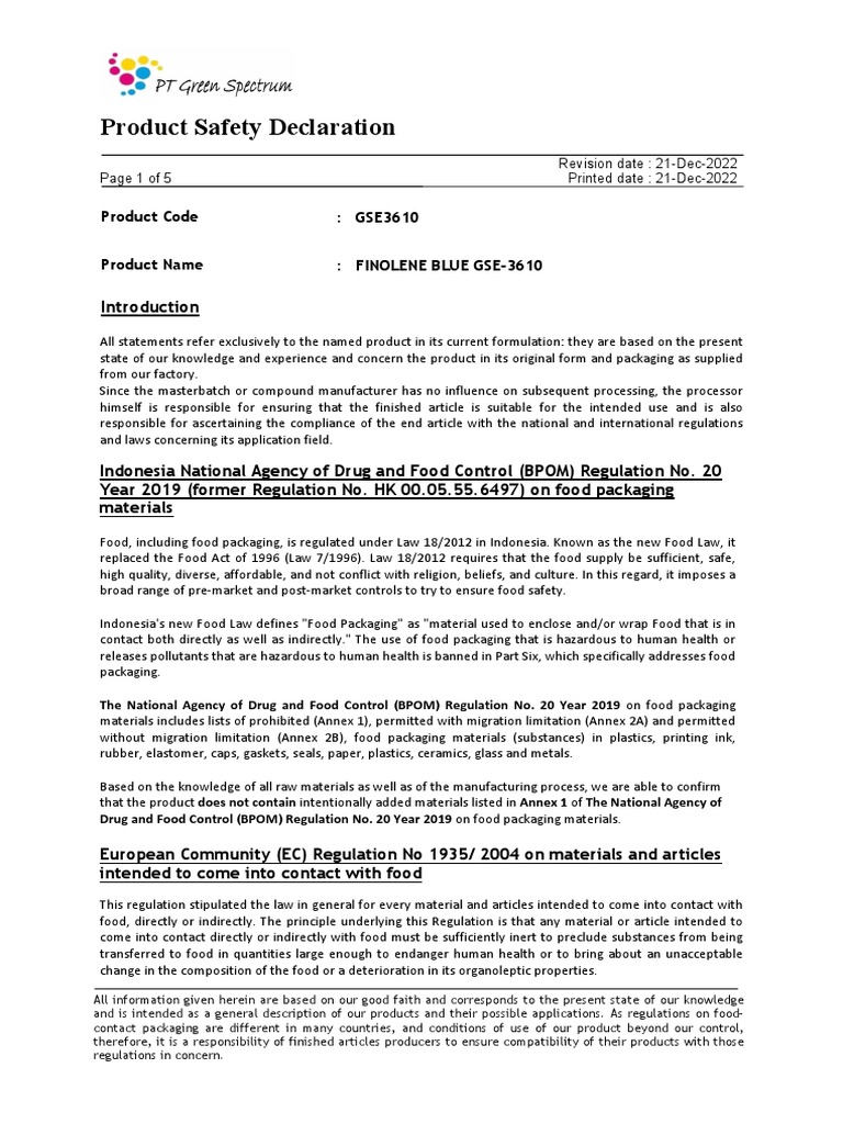 Product Safety Declaration - Finolene Blue GSE-3610 - Version 1.0 - 8 ...