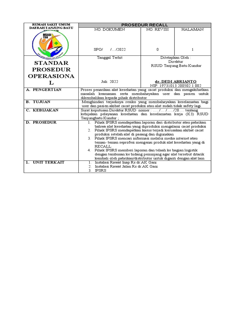 SPO Prosedur Recall Alkes | PDF