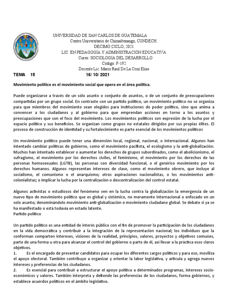 Tema 15 Movimiento Politico) | PDF | Partidos políticos | Enseñando