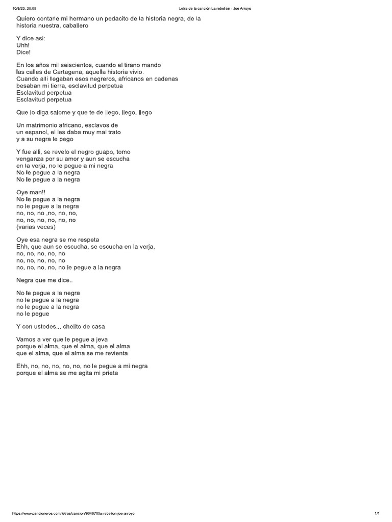 Letra de la canción La rebelión - Joe Arroyo | PDF