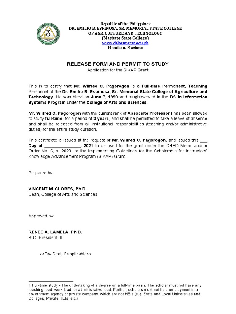 SIKAP Grant Study Permit Form | PDF | Wellness | Science & Mathematics