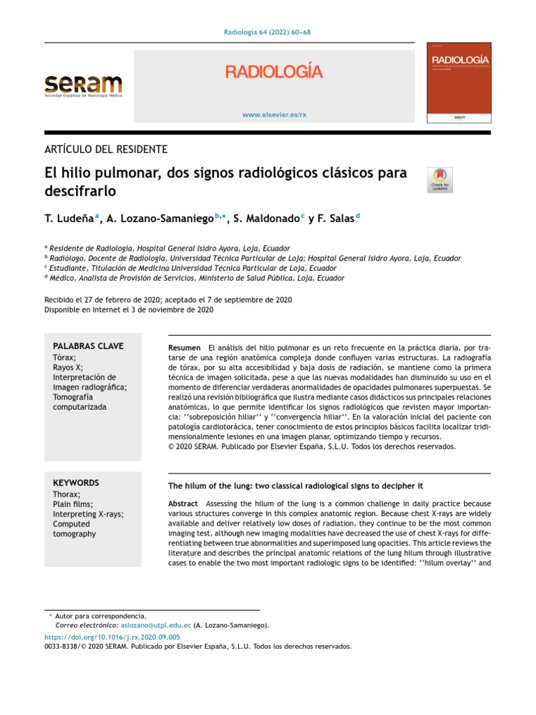 El Hilio Pulmonar, Dos Signos Radiológicos Clásicos para Descifrarlo ...