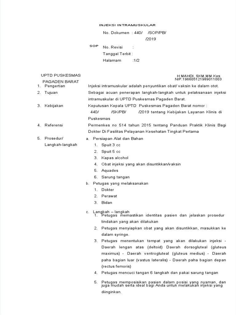 PDF Sop Injeksi Intramuskular | PDF