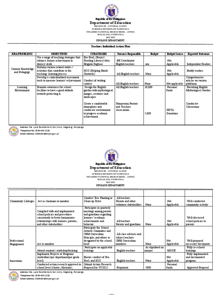 SAMPLE Individual Teachers Action PLAN For Proficient | PDF | Teachers | Literacy