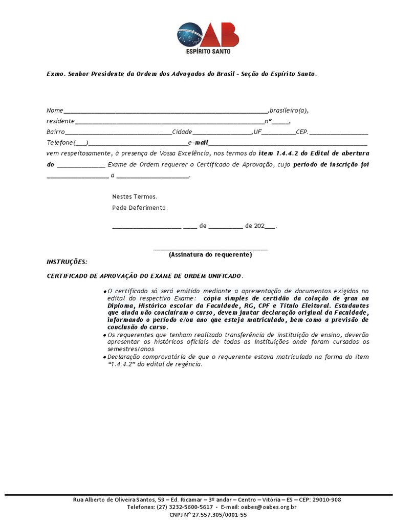 Requerimento Exame de Ordem OAB ES OK | PDF