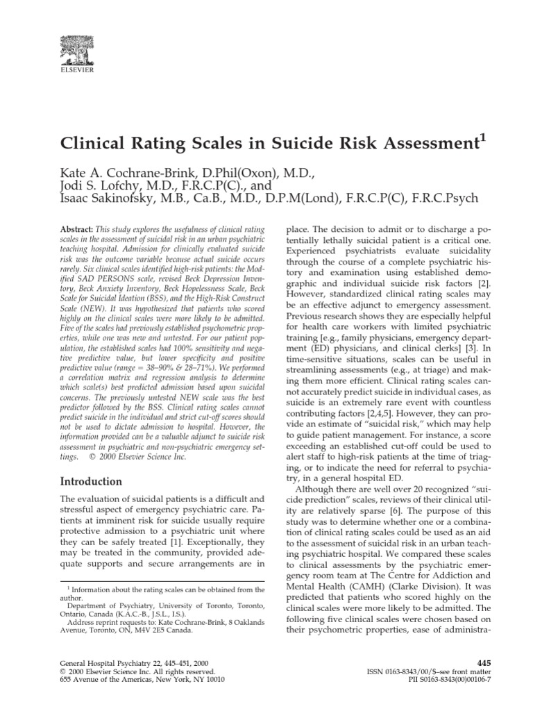 Clinical Rating Scales in Suicide Risk Assessment | PDF | Sensitivity ...