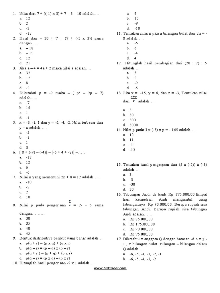 1 Latihan Soal Matematika Bilangan Bulat | PDF