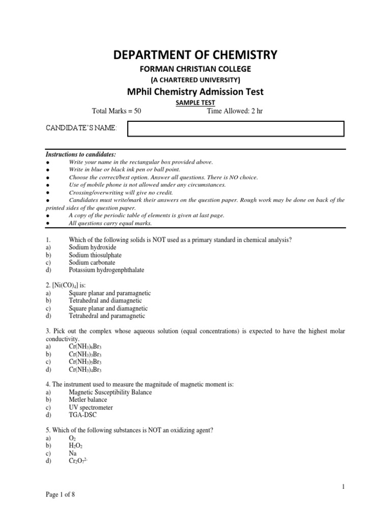 SAMPLE PAPER Chemistry | PDF | Reaction Rate | Chemical Bond