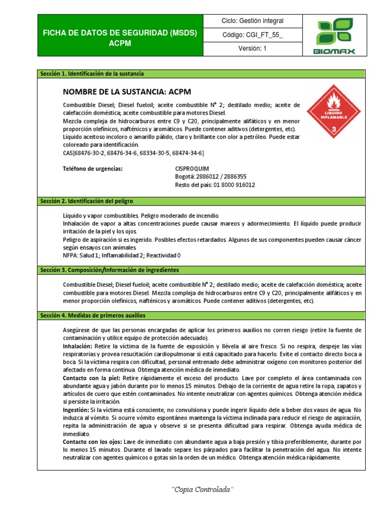 CGI - FT - 55 - Ficha de Datos de Seguridad (MSDS) ACPM | PDF | Agua | Combustible diesel