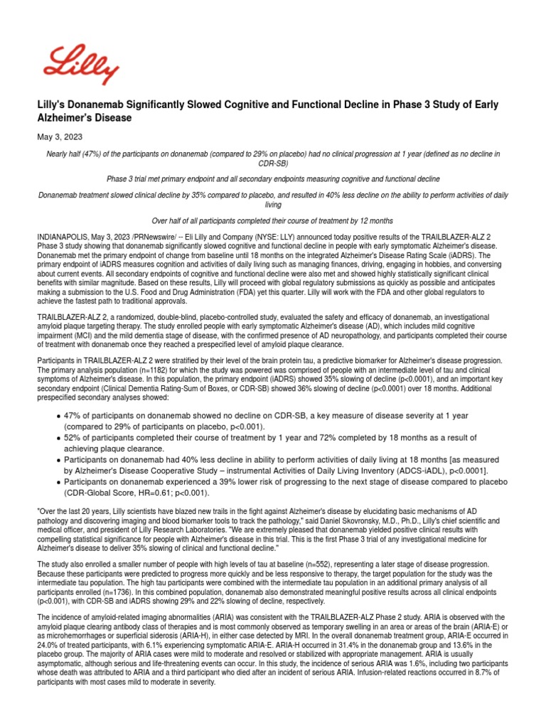 Lilly's Donanemab Significantly Slowed Cognitive and Functional Decline ...