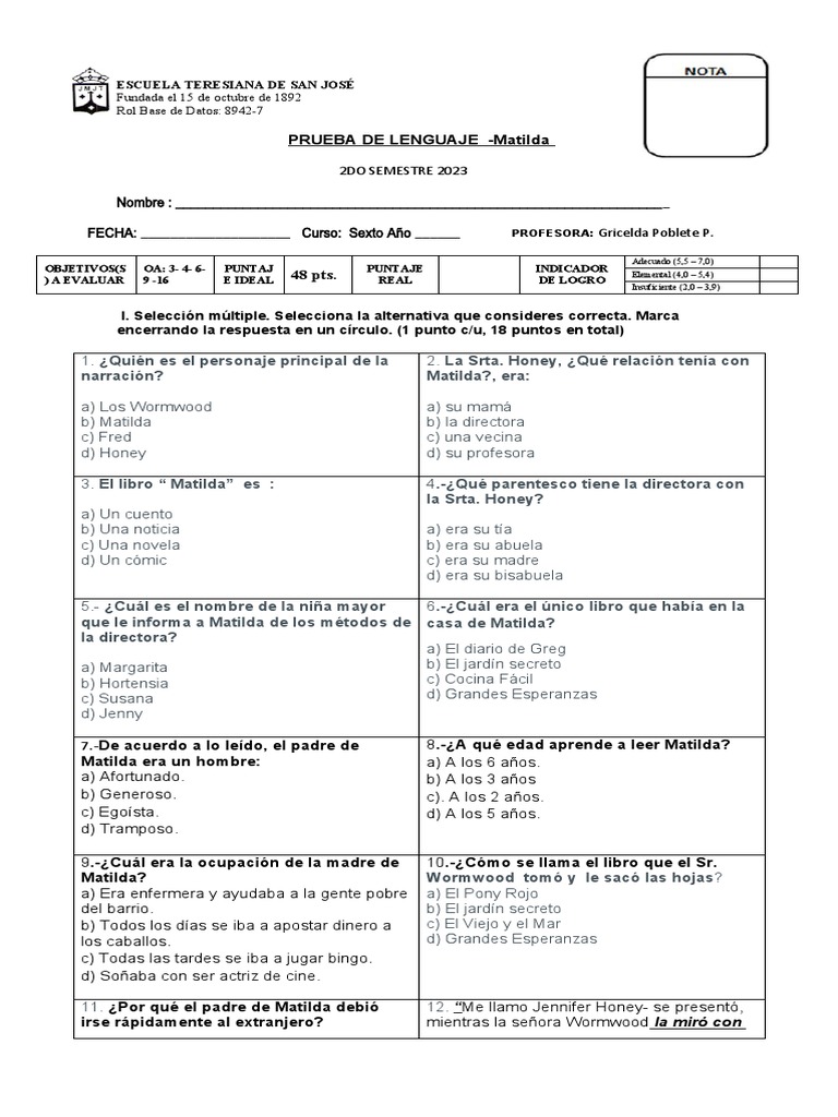 Prueba de Lenguaje Sextos Matilda | PDF
