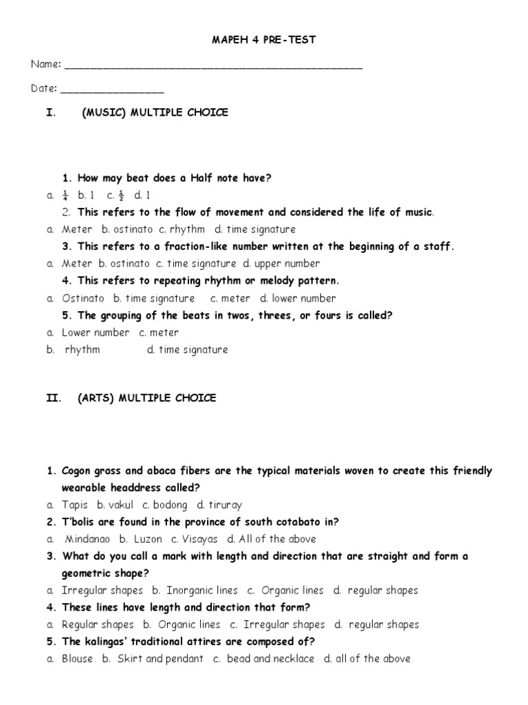 Mapeh 4 Pre-Test | PDF
