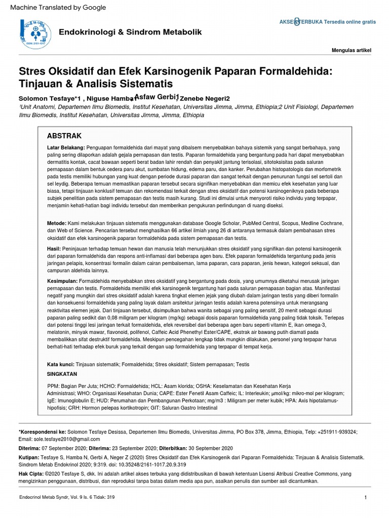 Oxidative Stress and Carcinogenic Effect of Formaldehyde Exposure ...