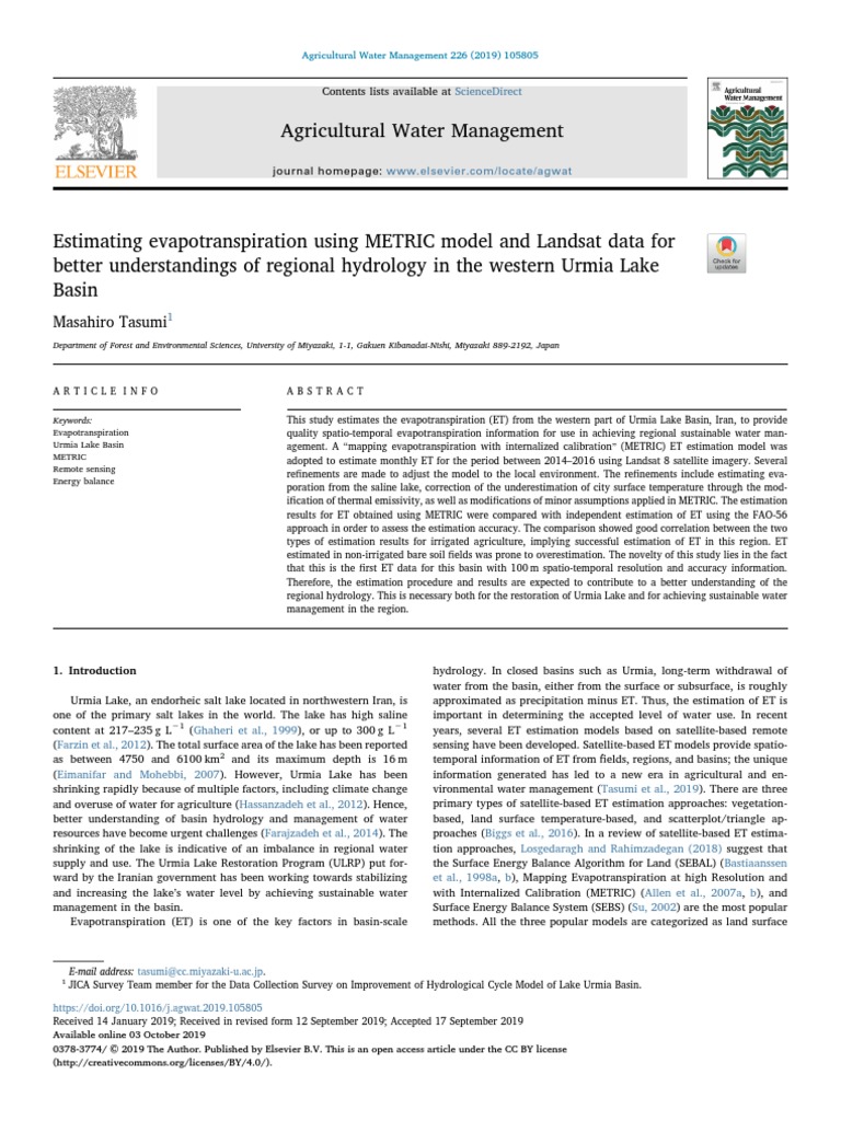 Estimating Evapotranspiration Using METRIC Model and Landsat Data | PDF | Evapotranspiration | Lake