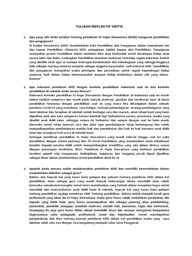 Tulisan Refleksi Kritis Dan Harapan-Modul 1.1 | PDF