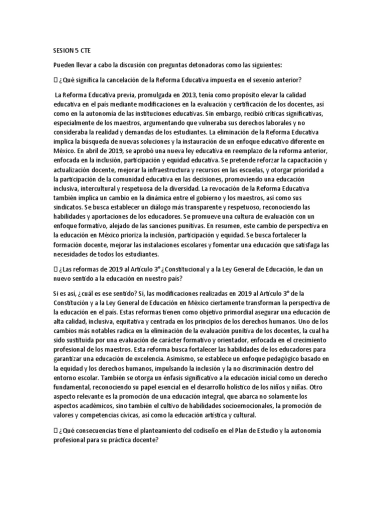 Sesion 5 Cte - Preguntas y Respuestas | PDF | Enseñando | Plan de estudios