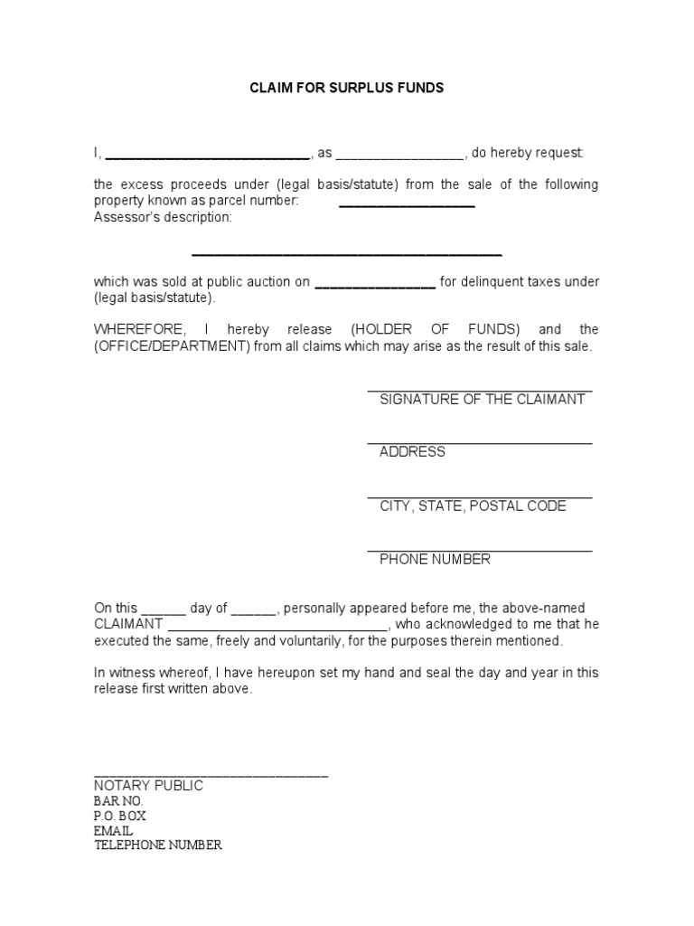 Claim For Surplus Funds | PDF