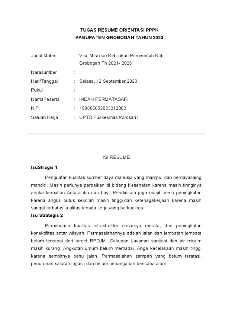 Resume Orientasi PPPK Grobogan 2023 | PDF