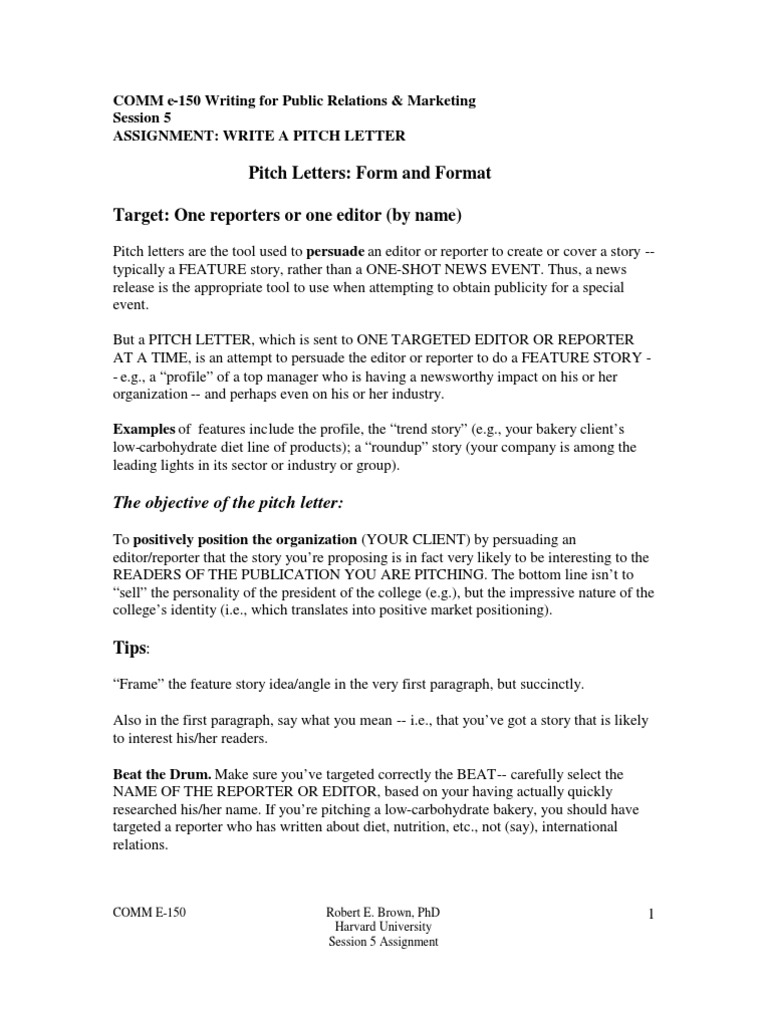 Pitch Letters: Form and Format Target: One Reporters or One Editor (By ...