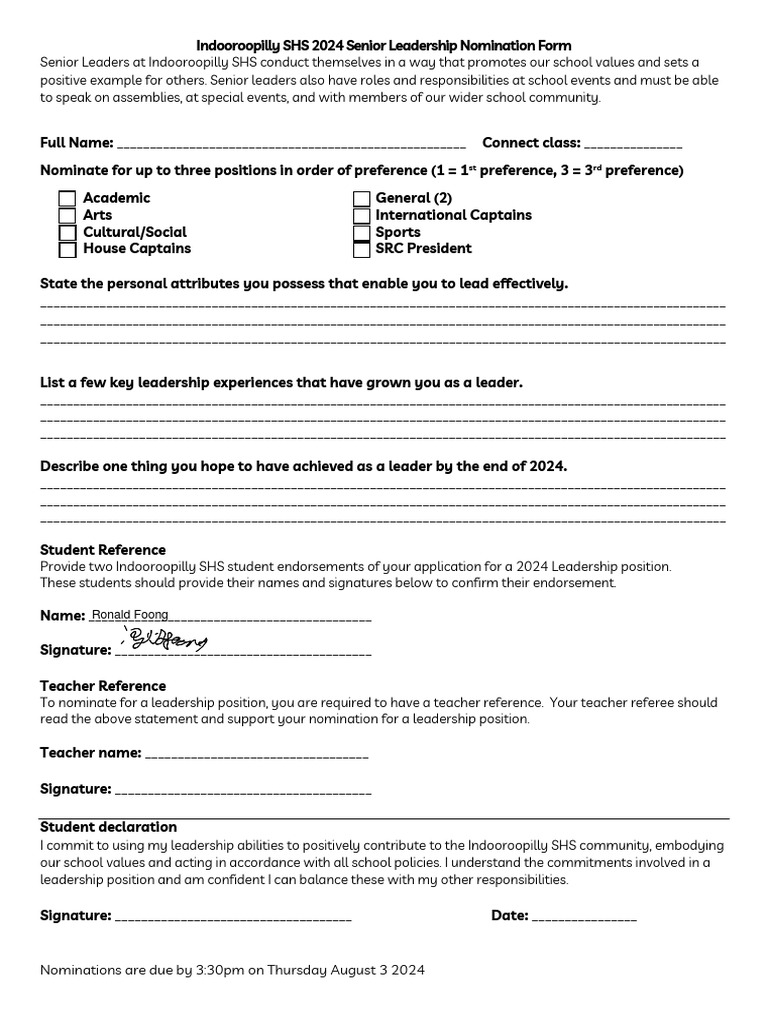 2024 Senior Leader Nomination Form | PDF | Leadership
