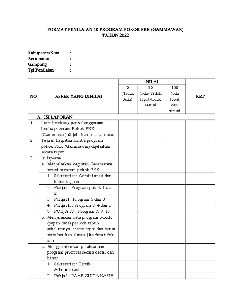 Format Penilaian 10 Program Pokok PKK Gammawar 20221 | PDF