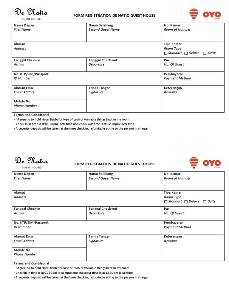 De Natio Guest House Registration Form | PDF | Service Industries